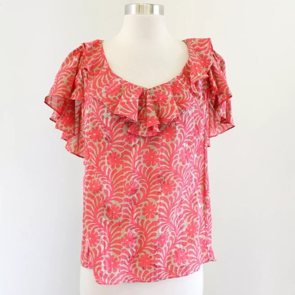 Milly | Tops | Milly New York Floral Ruffle Blouse Coral | Poshmark
